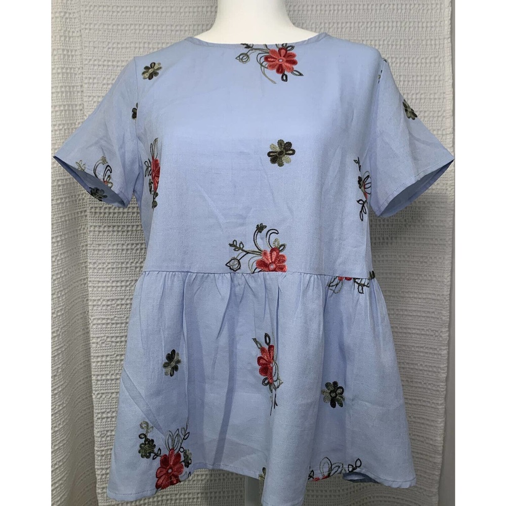 Womens Flower Embroidered Keyhole Back Smock Top Ligh… - Gem